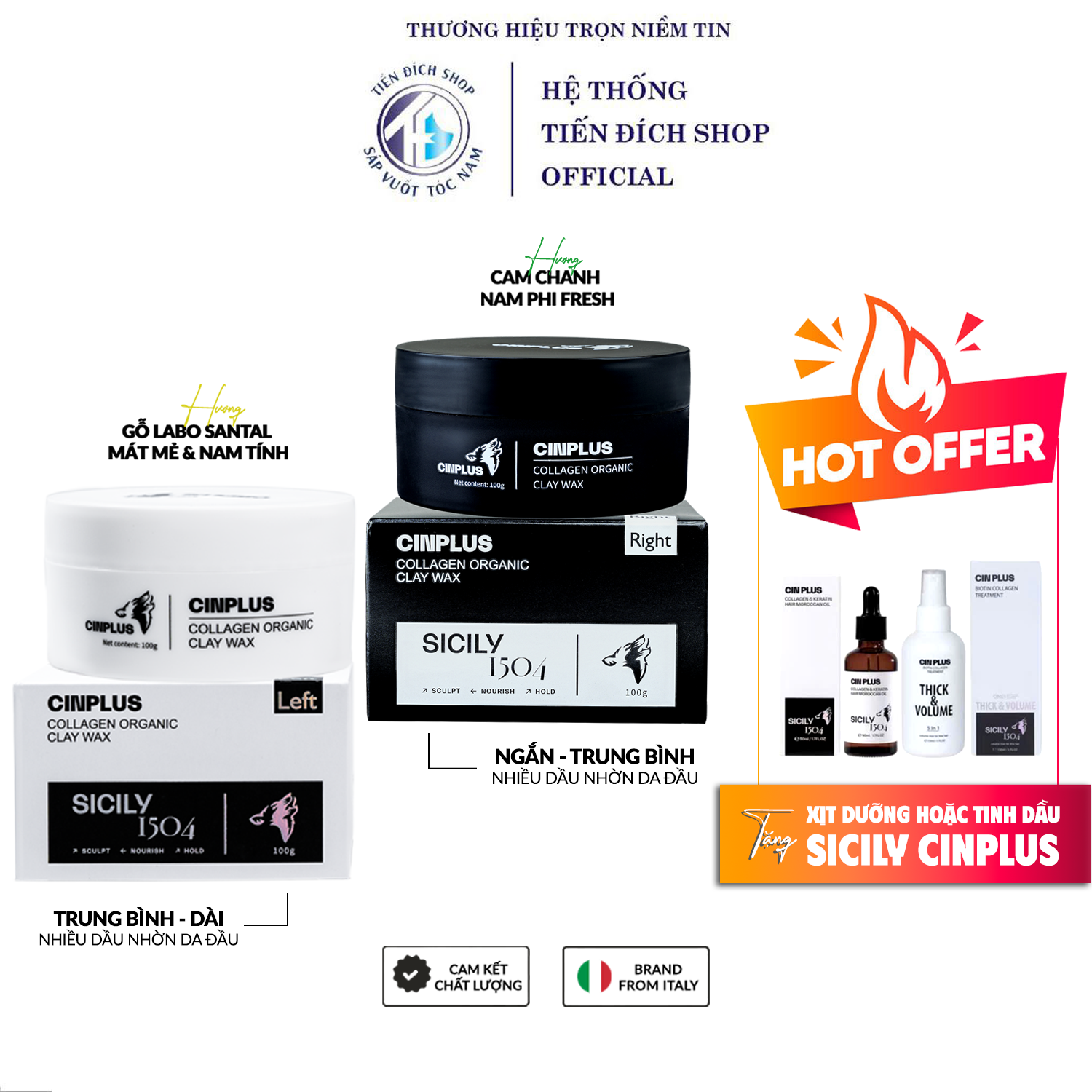 Sáp vuốt tóc nam Cinplus Clay Wax Sicily 1504 Left màu trắng , Right ...