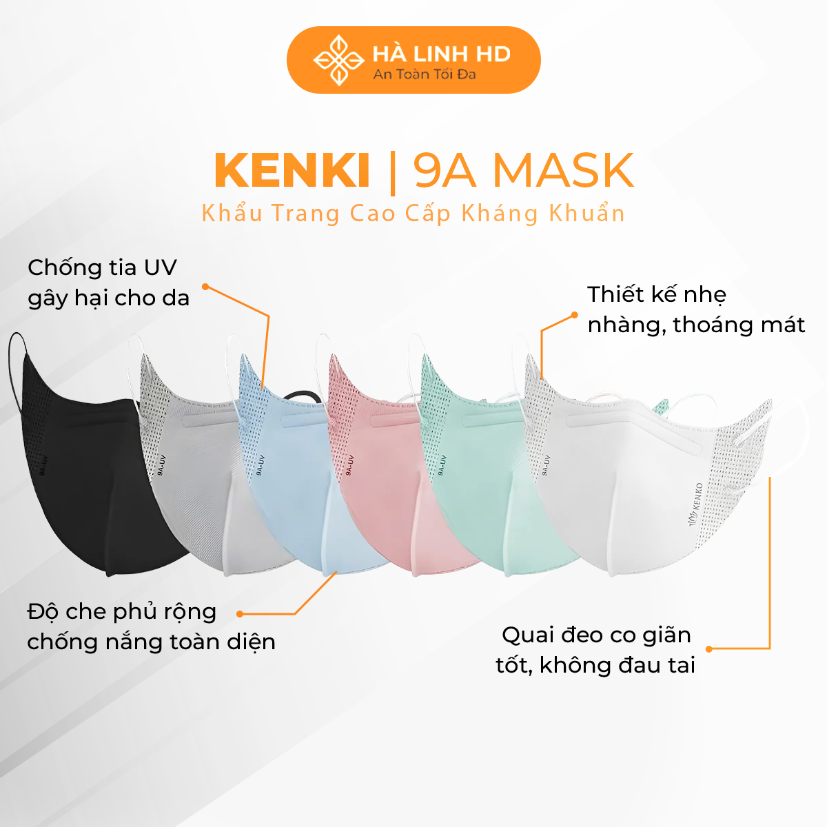 Thùng 300 cái khẩu trang 9A Kenki Mask 5 lớp cao cấp đủ màu form 45-90kg che kín mặt ngăn bụi ...
