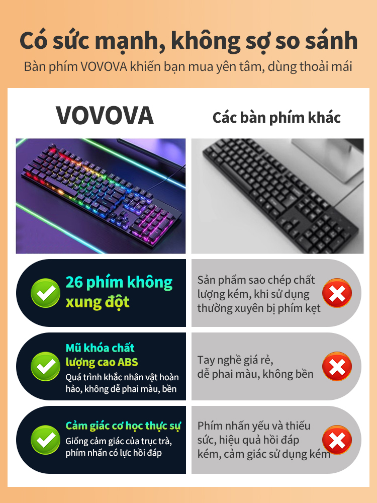 Bàn phím cơ gaming VOVOVA 104 phím Blue Switch LED RGB chống ghosting ...