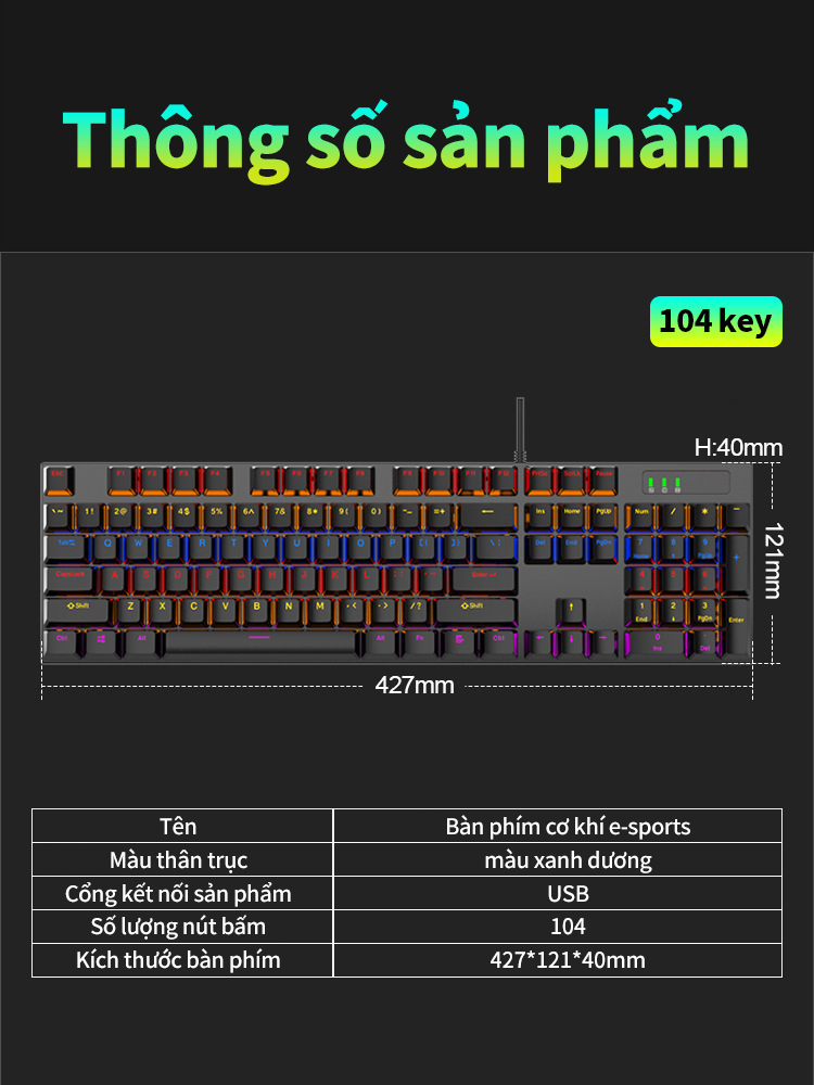 Bàn phím cơ gaming VOVOVA 104 phím Blue Switch LED RGB chống ghosting ...