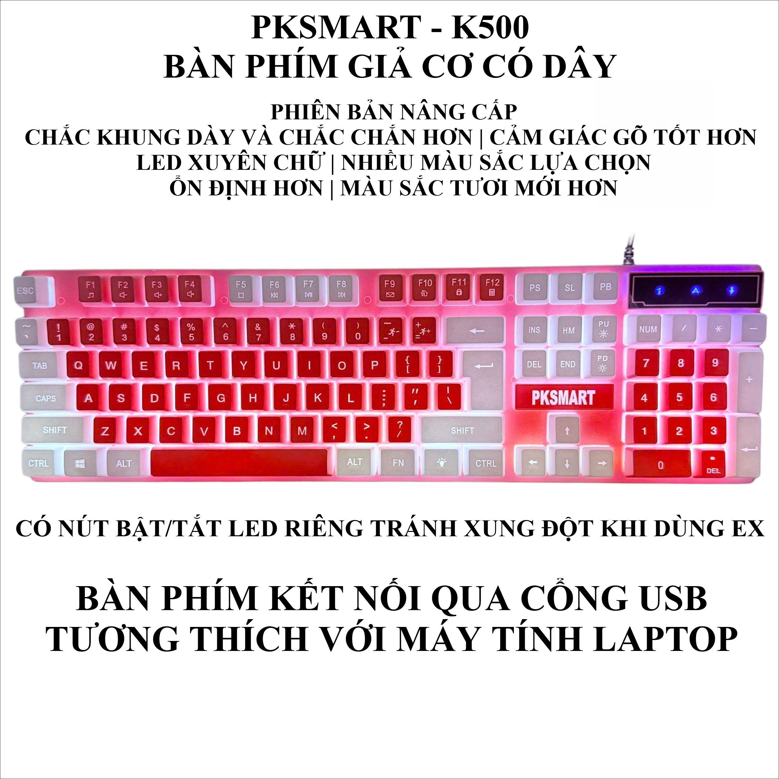 Bàn Phím Và Chuột Giả Cơ Có Dây - PKSMART K500+G5 - LED Xuyên Chữ Nhiều Màu Trắng Đen Hồng Xanh ...