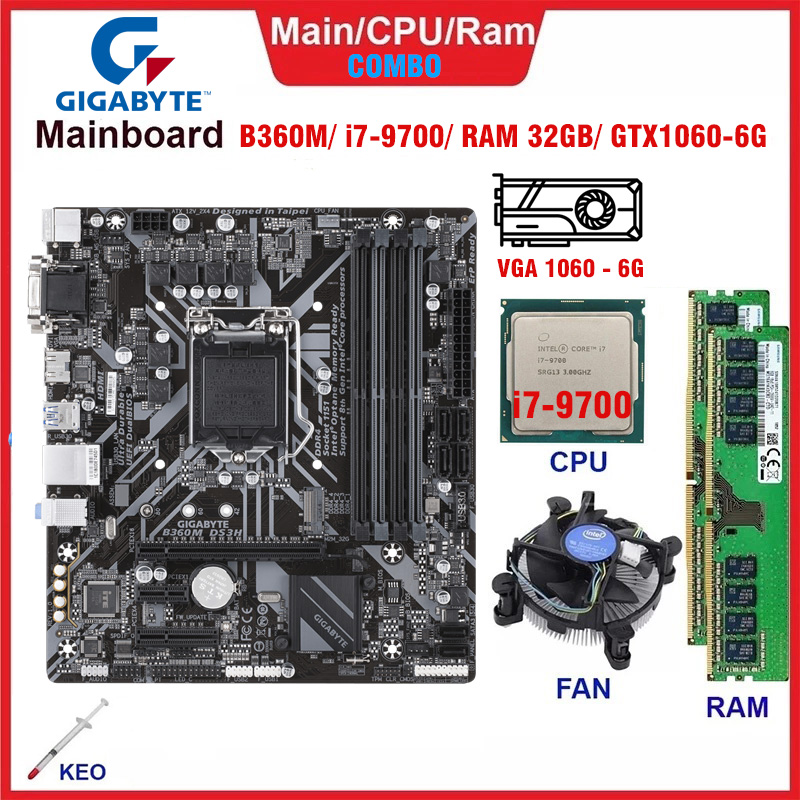 Combo Mainboard B360 + CPU i7 9700 + RAM 32GB + VGA GTX1060 6G + FAN + Keo tản nhiệt - Sản phẩm ...