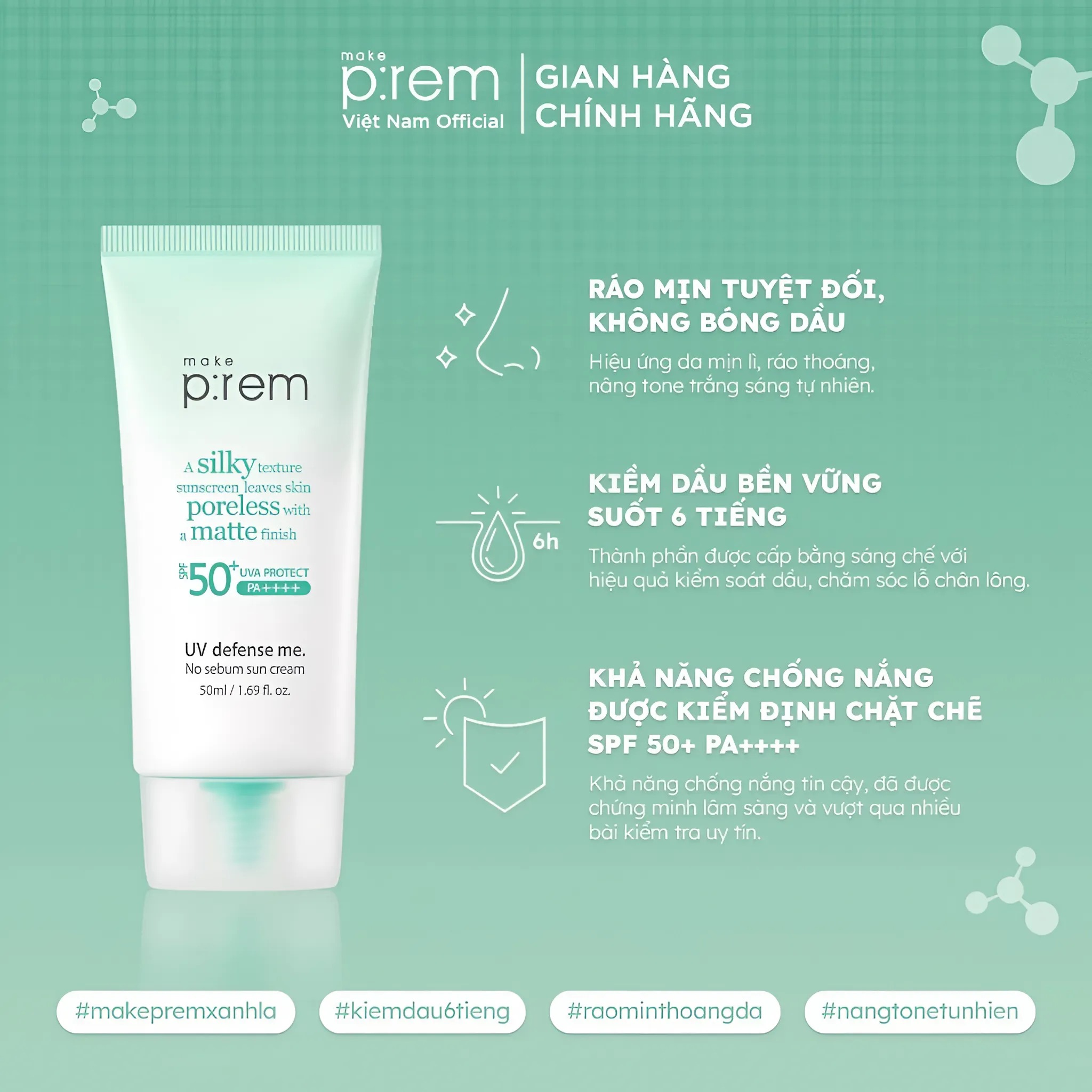 Kem chống nắng kiềm dầu MAKE P:REM Xanh Lá No Sebum Sun Cream SPF50+ 50ml - make prem kcn nâng ...