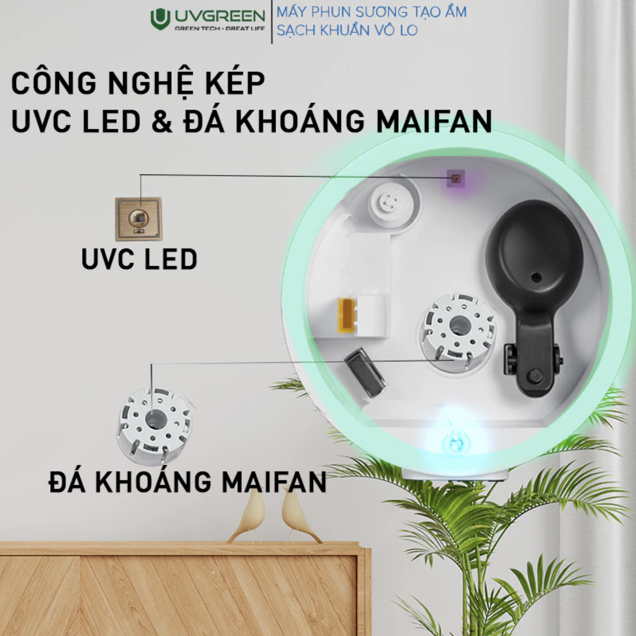 Máy phun sương tạo độ ẩm UVGREEN KH200 / KH100 - 5L - Xông tinh dầu - Cảm biến độ ẩm - BH 24 ...