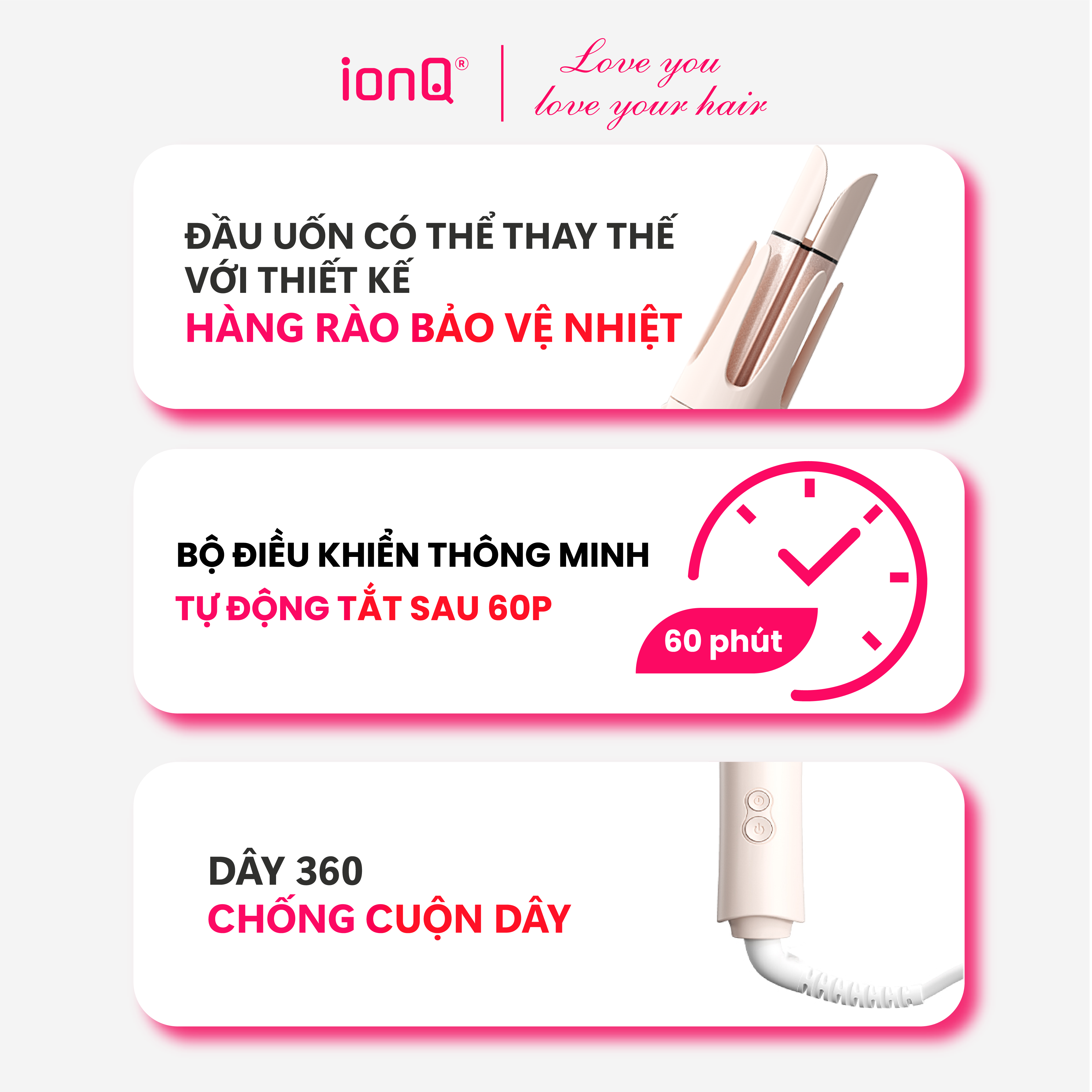 Máy uốn tóc làm xoăn tự động 5in1 ionQ Wavy Pro 3 đầu uốn 40mm, 32mm, 28mm 1 đầu uốn hippie và 1 ...