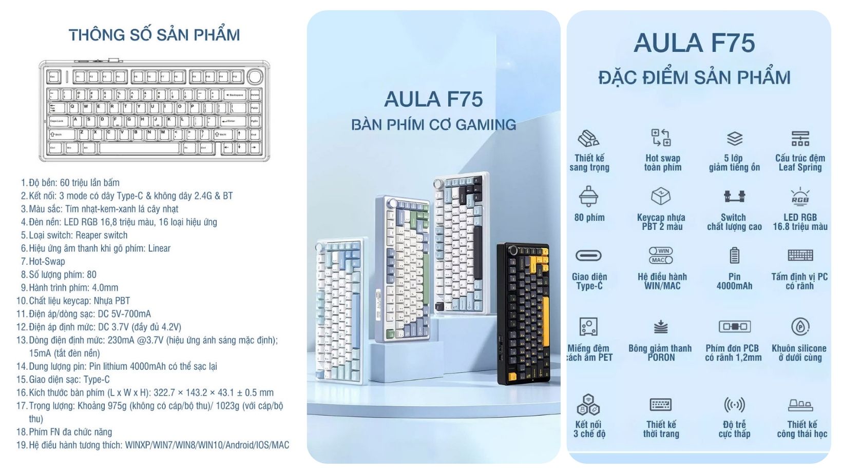Bàn phím cơ không dây AULA F75 - Contour Black (Hotswap / Led RGB ...