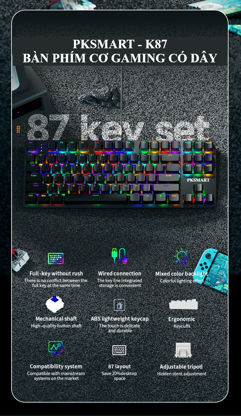 Bàn Phím Cơ Gaming TKL Có Dây - PKSMART K87s - LED RGB 15 Hiệu Ứng - Đổi 8 Màu LED - Anti ...
