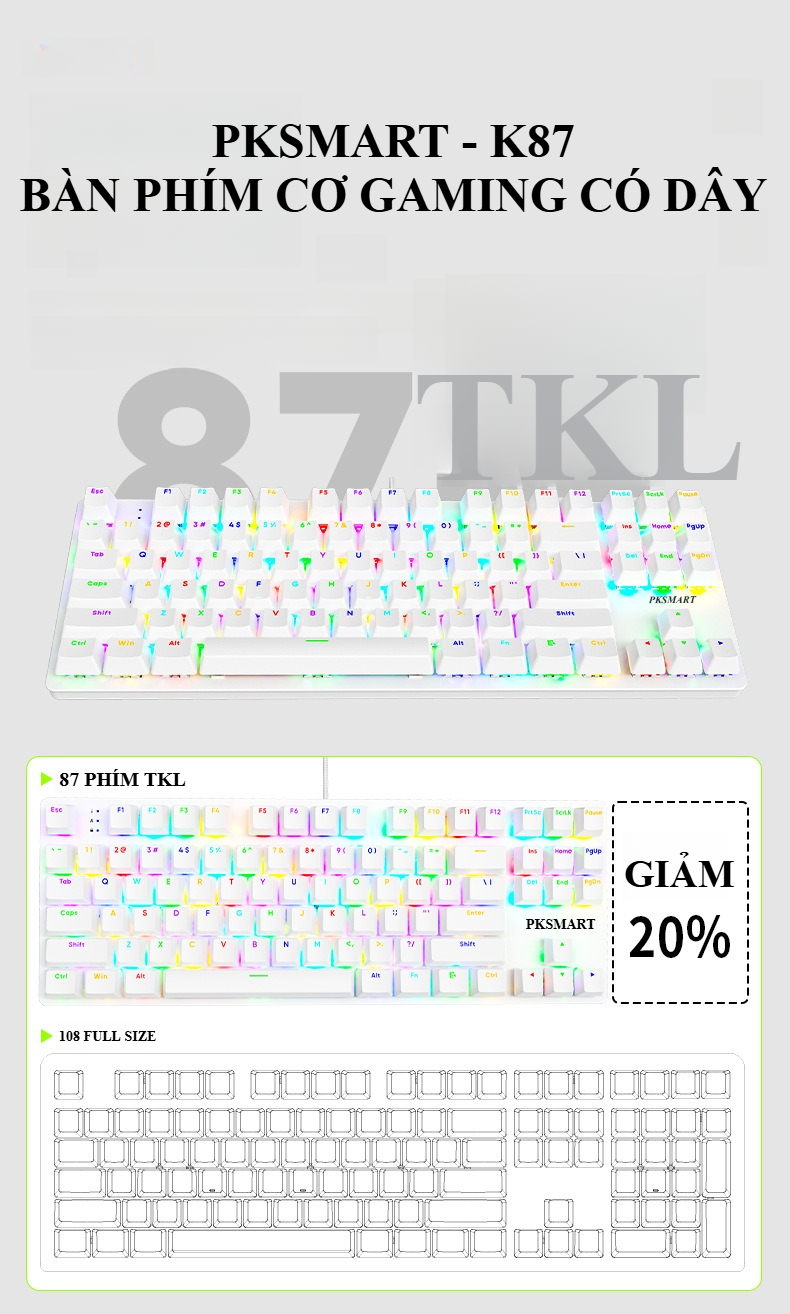 Bàn Phím Cơ Gaming TKL Có Dây - PKSMART K87s - LED RGB 15 Hiệu Ứng - Đổi 8 Màu LED - Anti ...
