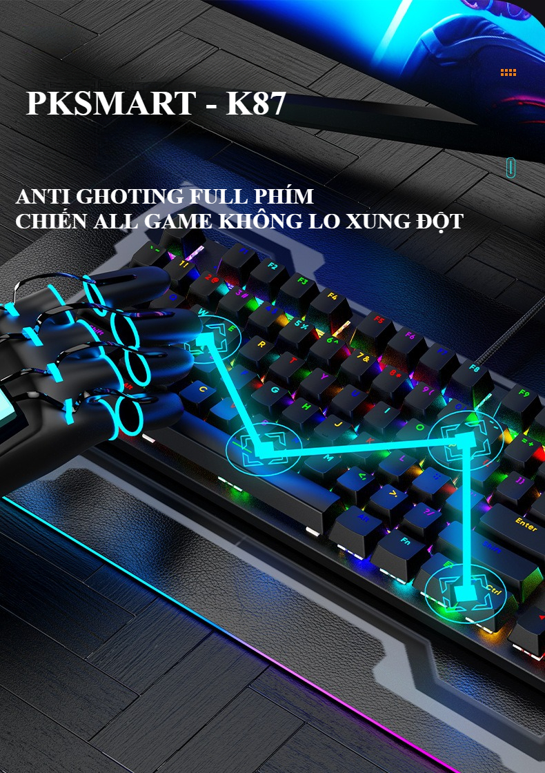 Bàn Phím Cơ Gaming TKL Có Dây - PKSMART K87s - LED RGB 15 Hiệu Ứng - Đổi 8 Màu LED - Anti ...