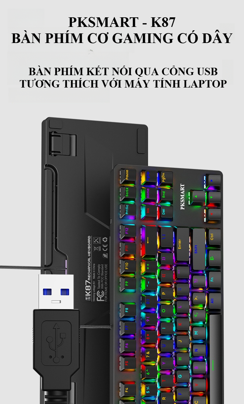 Bàn Phím Cơ Gaming TKL Có Dây - PKSMART K87s - LED RGB 15 Hiệu Ứng - Đổi 8 Màu LED - Anti ...