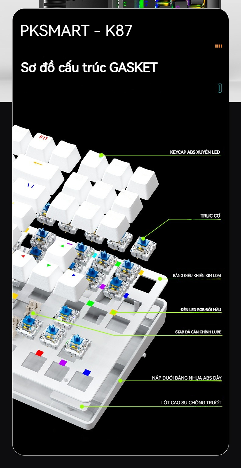 Bàn Phím Cơ Gaming TKL Có Dây - PKSMART K87s - LED RGB 15 Hiệu Ứng - Đổi 8 Màu LED - Anti ...