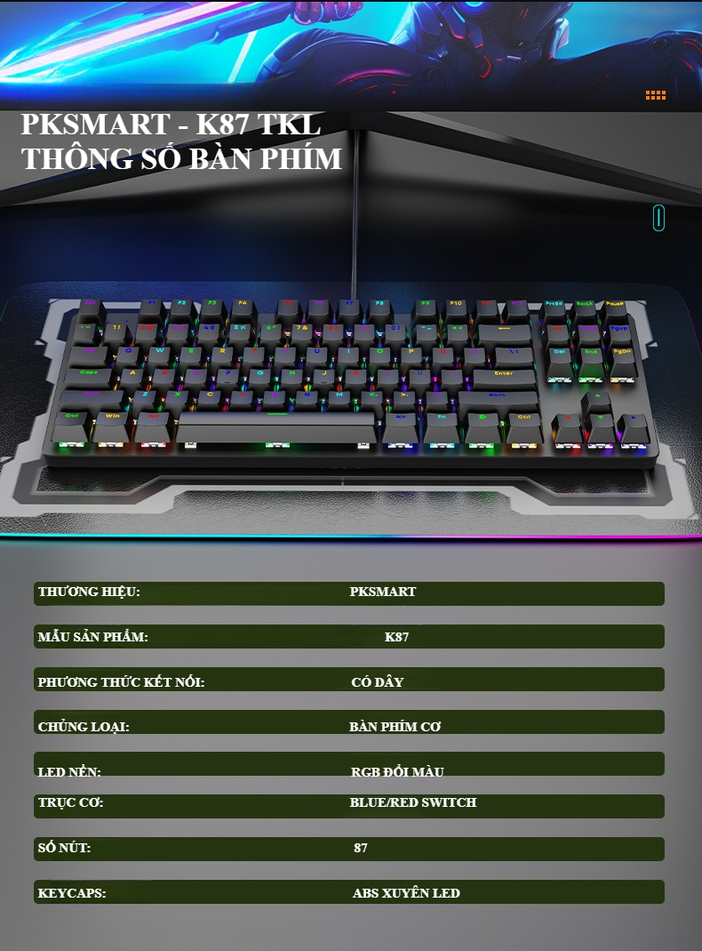 Bàn Phím Cơ Gaming TKL Có Dây - PKSMART K87s - LED RGB 15 Hiệu Ứng - Đổi 8 Màu LED - Anti ...