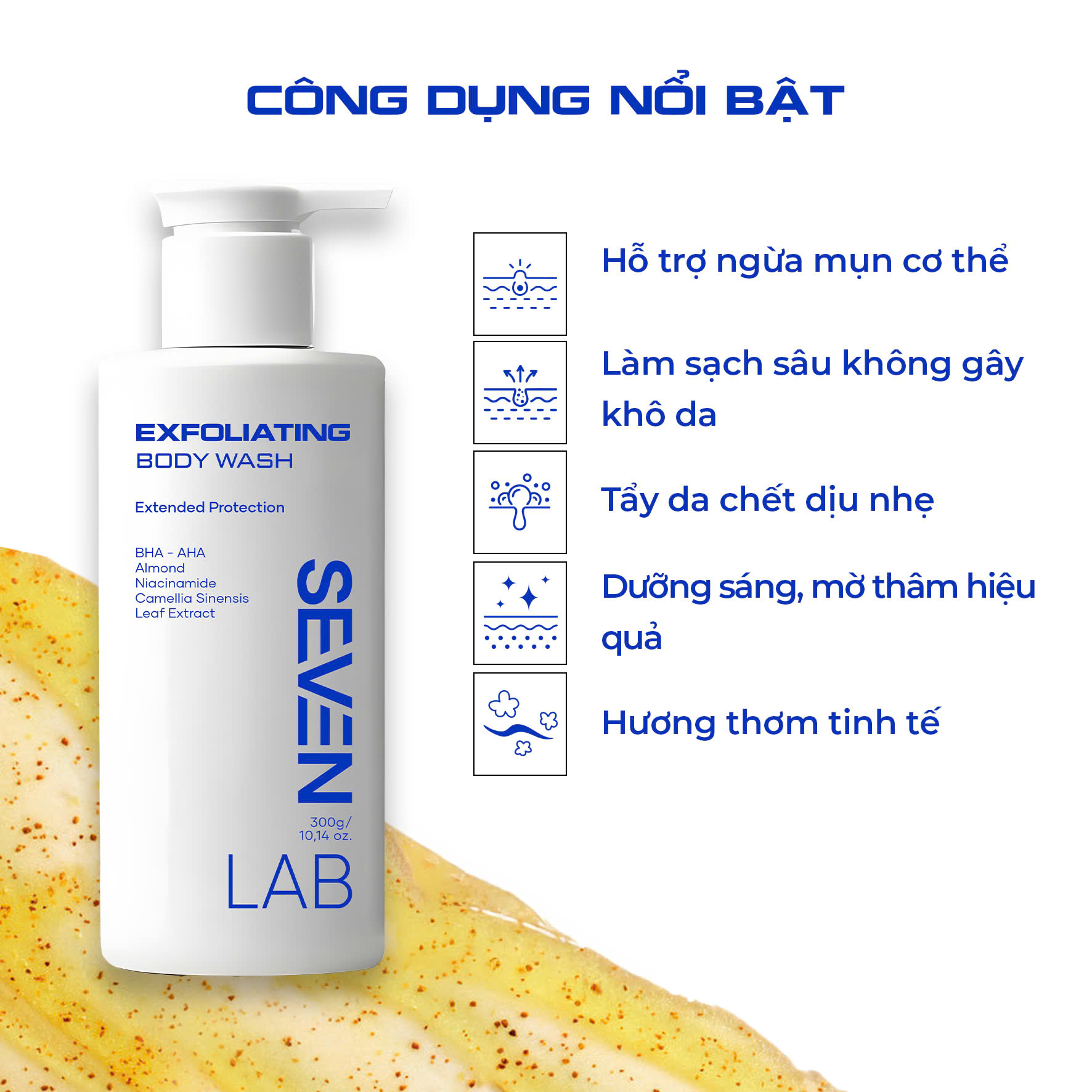 Combo sữa tắm tẩy tế bào chết và sữa dưỡng thể trắng da nam SEVENLAB giúp ngăn ngừa mụn lưng, cơ ...