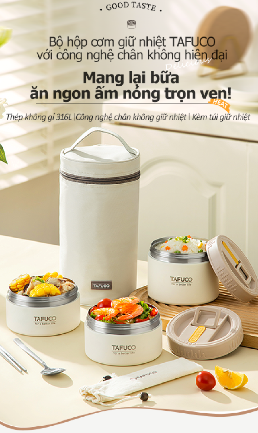 Bộ hộp cơm giữ nhiệt TAFUCO 1150ml/1610ml 2 ngăn/3 ngăn Inox 316L ...