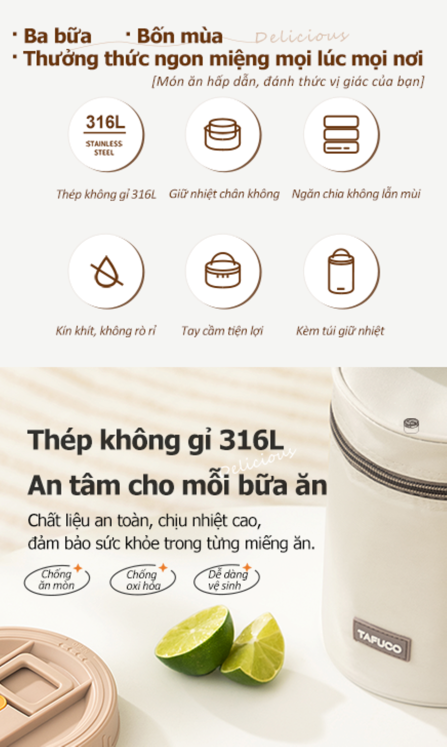 Bộ hộp cơm giữ nhiệt TAFUCO 1150ml/1610ml 2 ngăn/3 ngăn Inox 316L ...