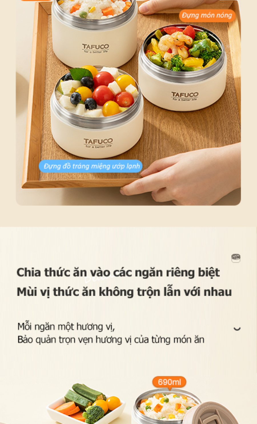 Bộ hộp cơm giữ nhiệt TAFUCO 1150ml/1610ml 2 ngăn/3 ngăn Inox 316L ...