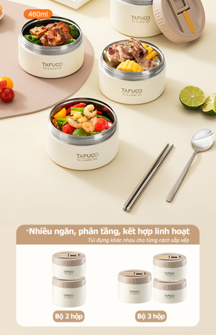 Bộ hộp cơm giữ nhiệt TAFUCO 1150ml/1610ml 2 ngăn/3 ngăn Inox 316L ...