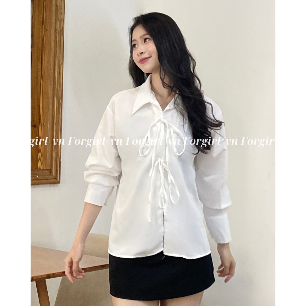 Áo sơ mi tay dài Forgirl sơ mi kiểu nữ buộc nơ cổ ve dáng rộng cá tính ...
