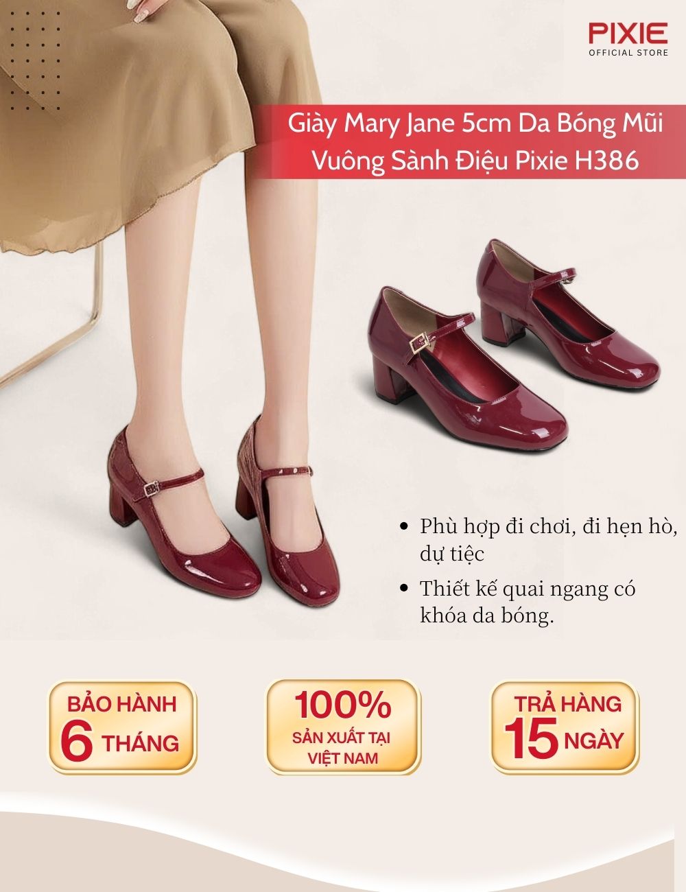 Giày Mary Jane 5cm Da Bóng Mũi Vuông Sành Điệu Pixie H386 | Shopee Việt Nam