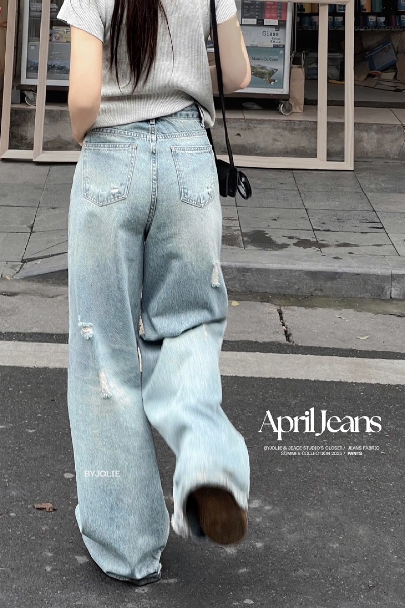 Quần jeans ống rộng form suông APRIL JEANS eo cao rách xanh nhạt By ...