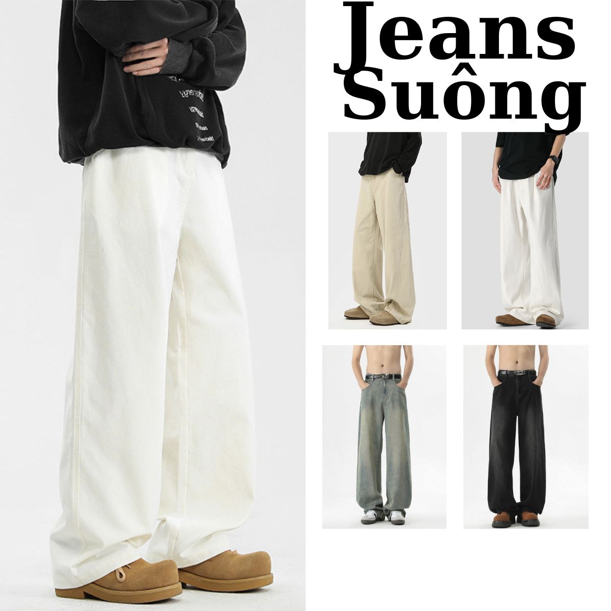 Quần JEAN nam ống rộng Cạp Cao Jean Trắng ống rộng dáng suông đứng ...