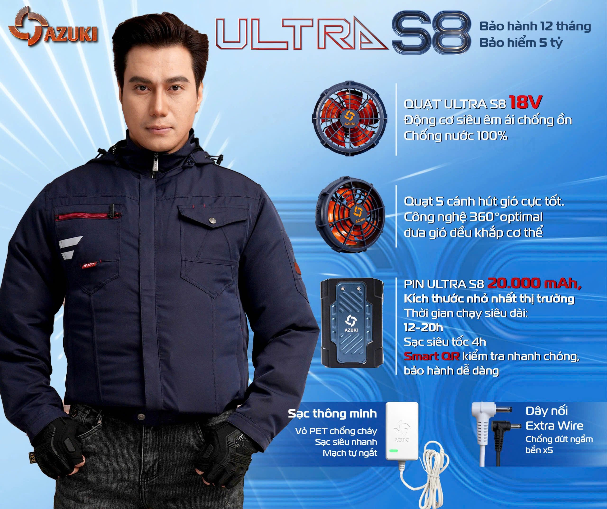 Áo điều hòa AZUKI Ultra S8 mới nhất 2025 pin 20.000mah,quạt 18V chống nước siêu mạnh , BH 12 ...