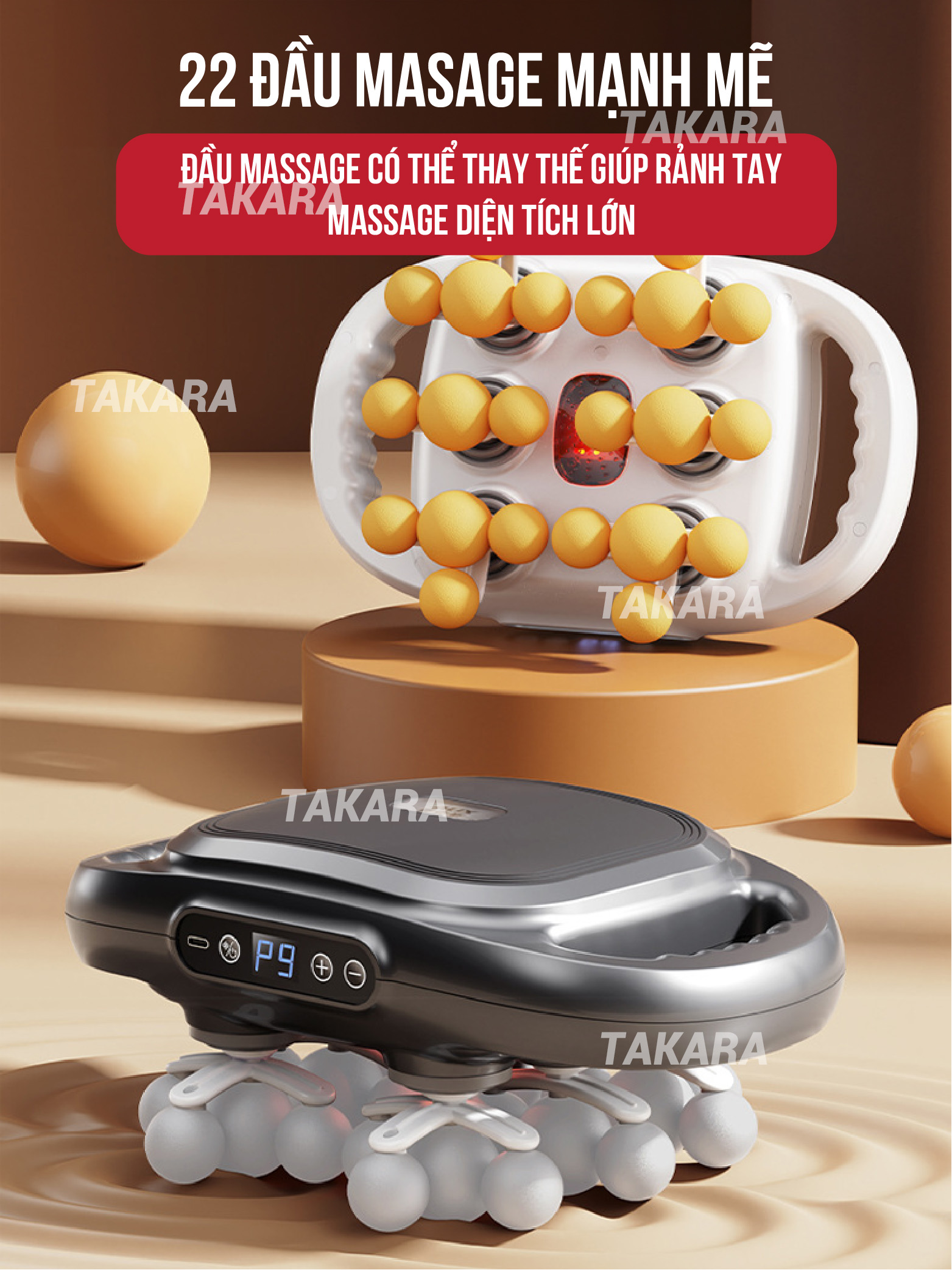 Máy massage cầm tay 22 đầu, máy mát xa Takara YM-60-22 massage toàn thân với 9 chế độ mạnh mẽ ...