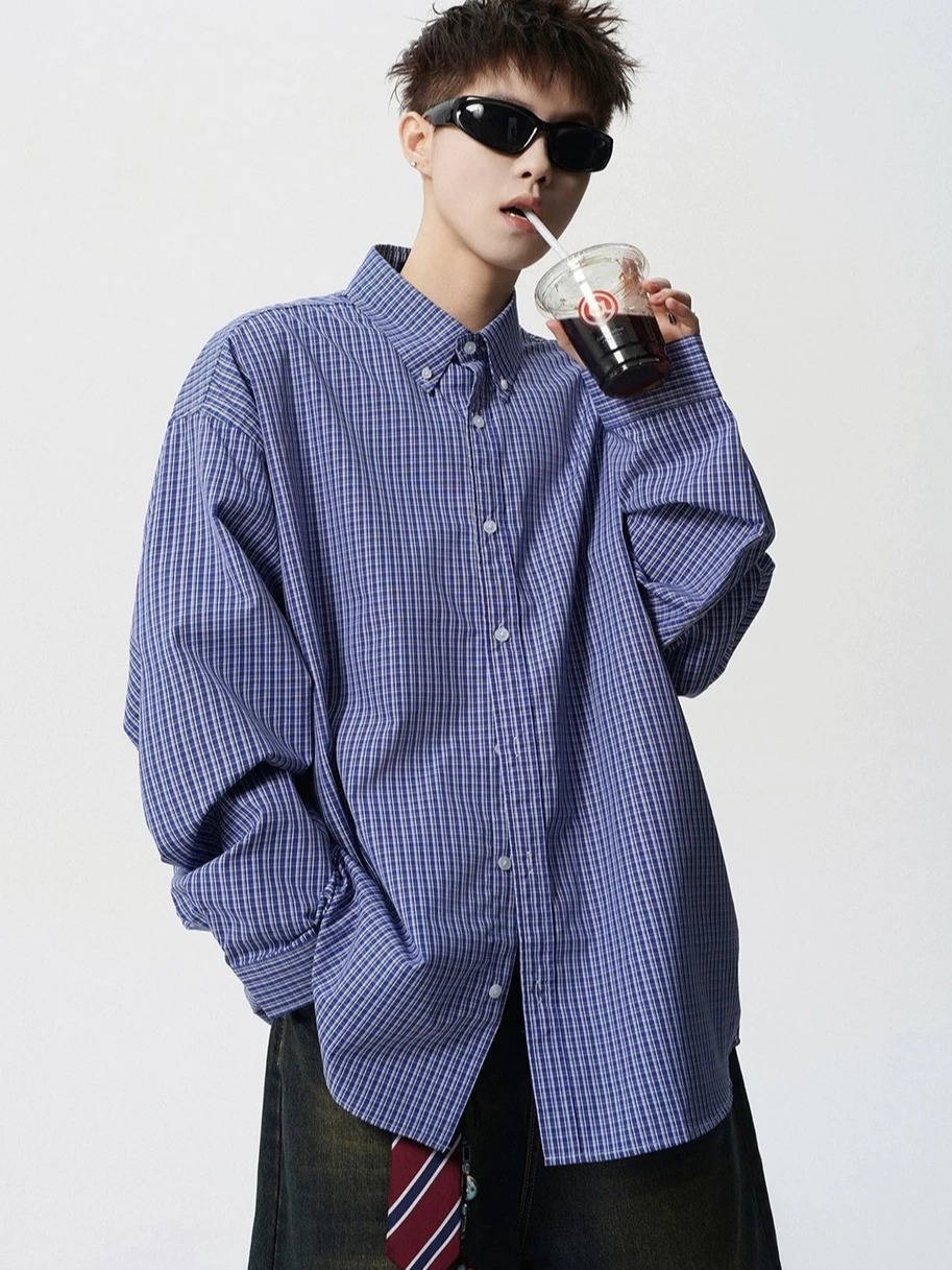 Áo sơ mi NAM dài tay KẺ XANH CARO Hàn Quốc OVERSIZE Chất cotton Không ...