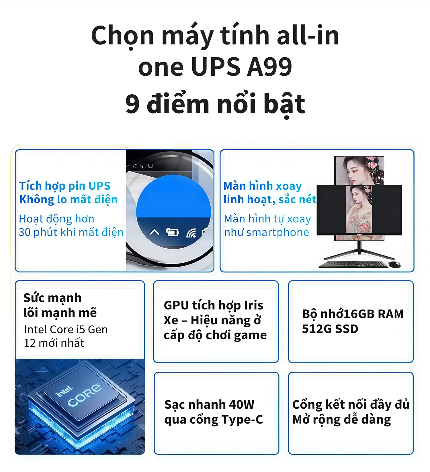 Máy tính All In One AOC A99 i5 - 12450H 16GB 512GB SSD Màn hình 23.8 Inch Pin UPS tháo rời ...