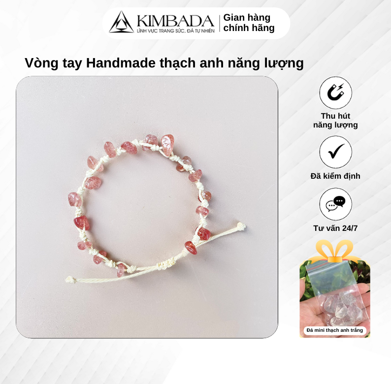 Vòng tay nữ handmade đá thạch anh Kimbada, vòng đá thô thu hút năng ...