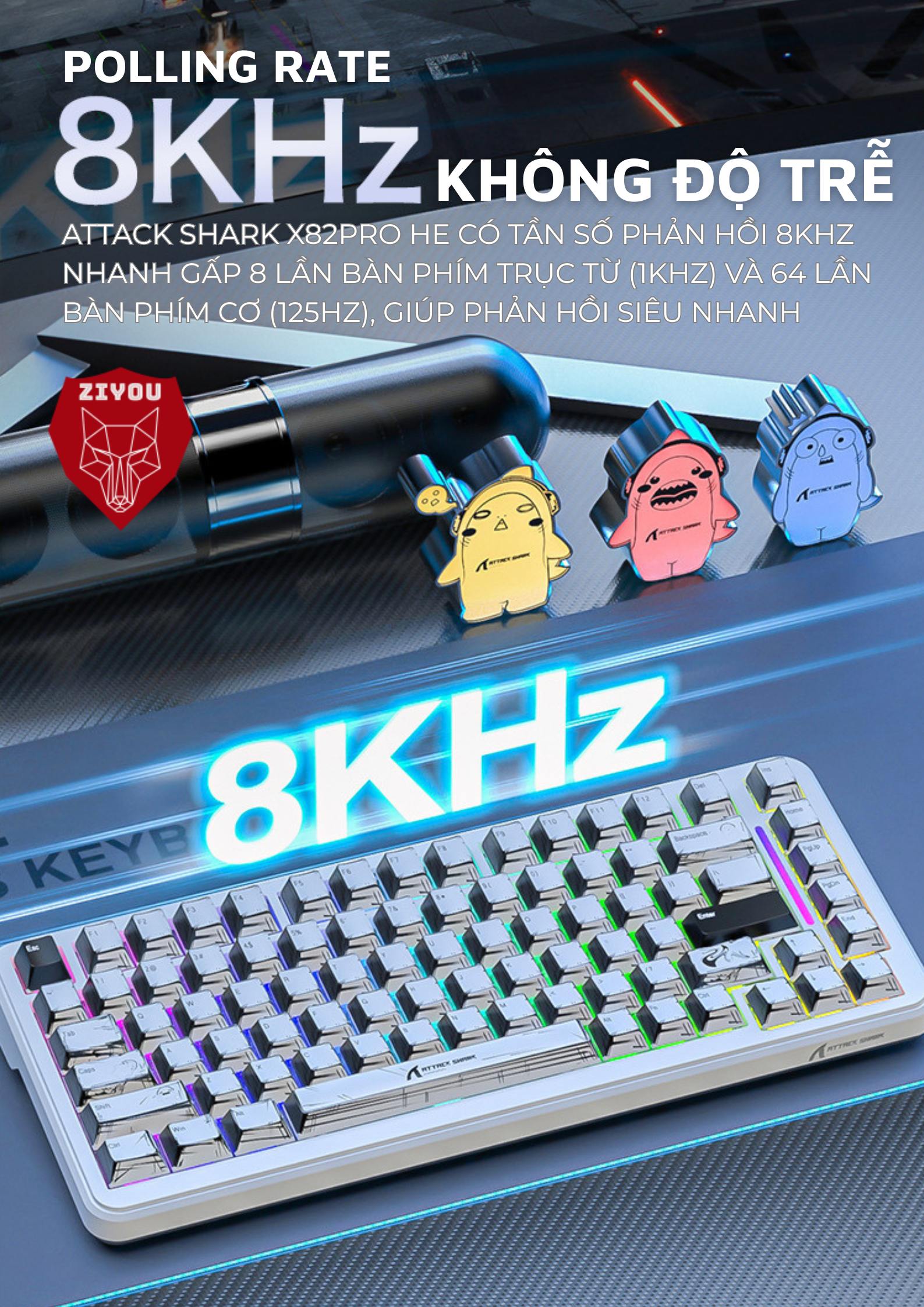Bàn Phím Cơ Không Dây Rapid Trigger Ziyou Attack Shark X82 Pro HE LED ...