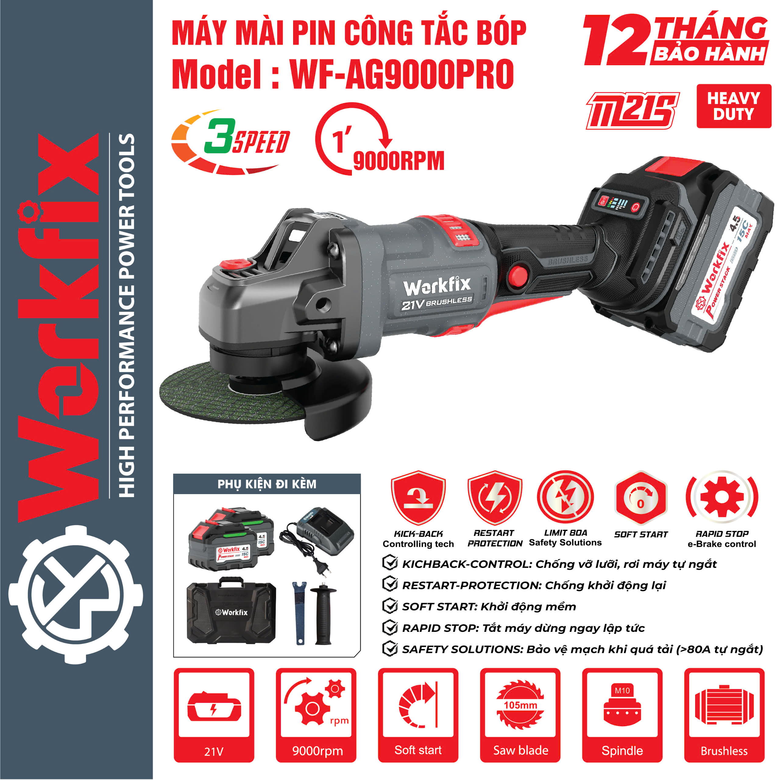 Máy cắt cầm tay Workfix WF-AG9000PRO, Có aniti_kickback, Chống khởi ...