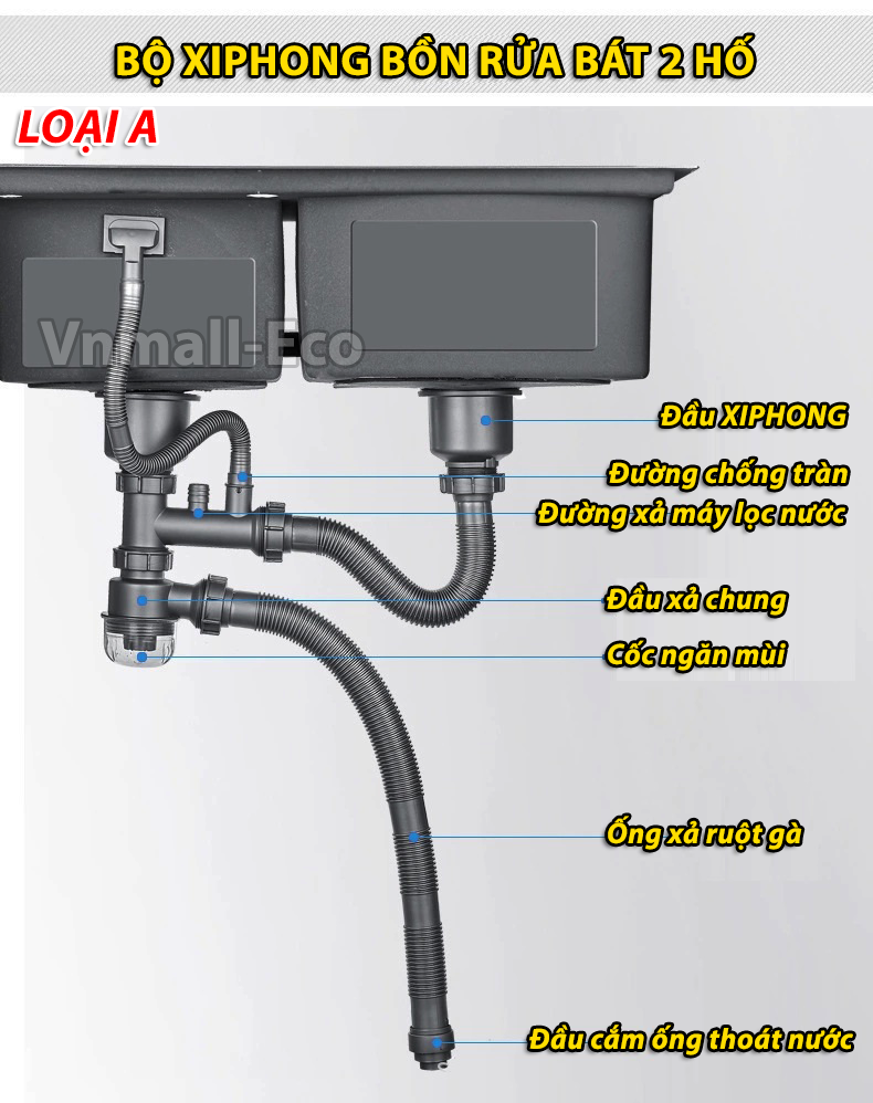 Bộ xiphong thoát nước bồn rửa bát ống mềm chống tắc ngăn mùi dùng cho ...