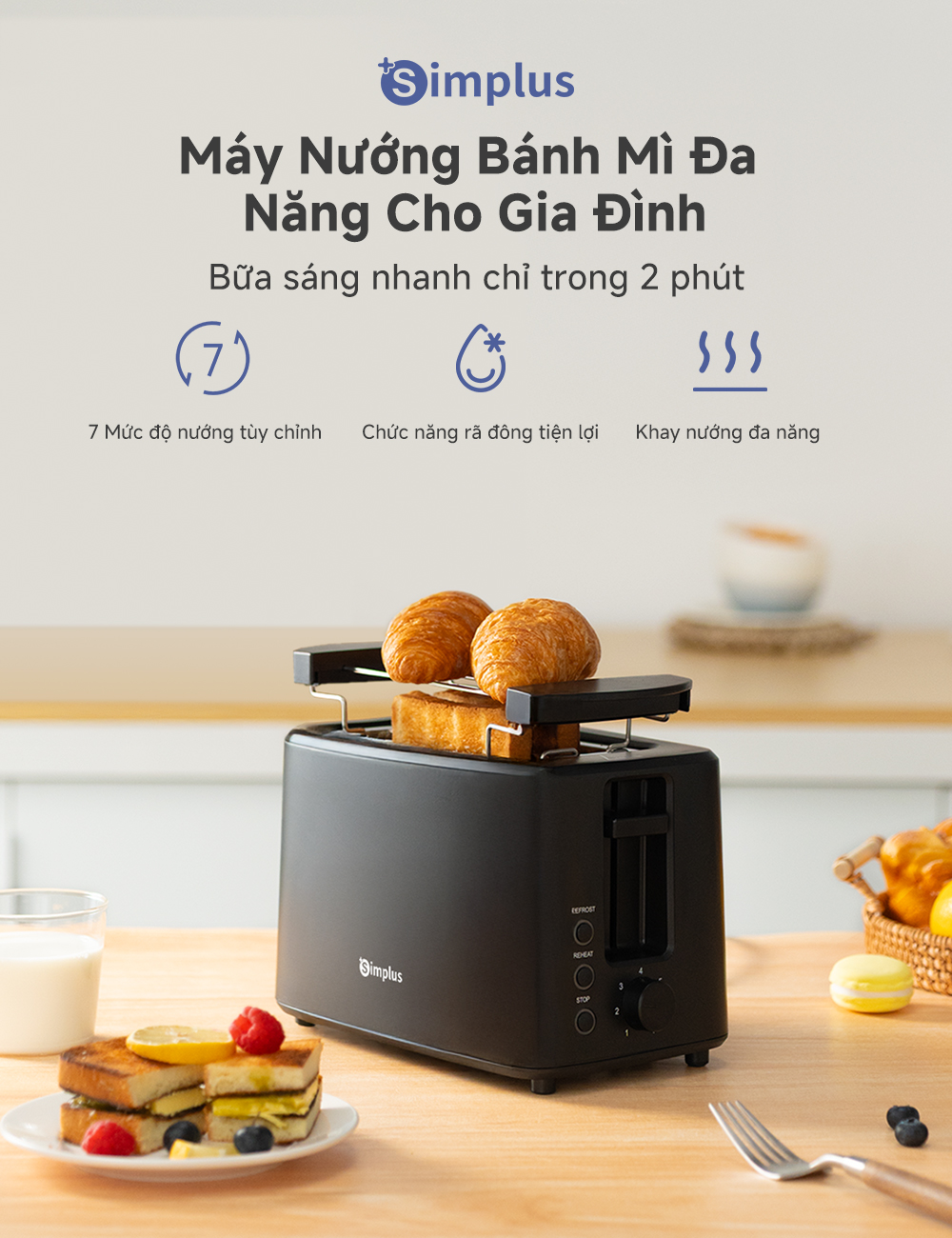 Simplus Máy Nướng Bánh Mì 7 Mức Nhiệt 3 Chức Năng Rã Đông Công Suất 700W Khay Nướng Đa Năng Tự ...