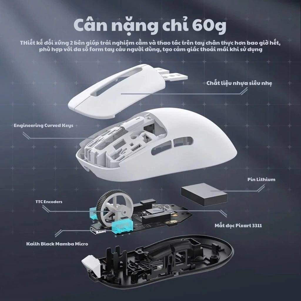 Chuột gaming không dây ATAS M1 PRO - 3 mode - PAW 3311 - Pin 500mAh - Có app - DPI 12000 ...