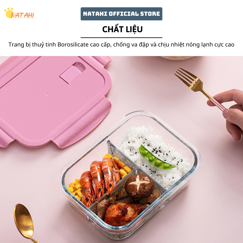 Hộp cơm văn phòng thủy tinh NATAHI KT001 quay lò vi sóng, chia ngăn ...