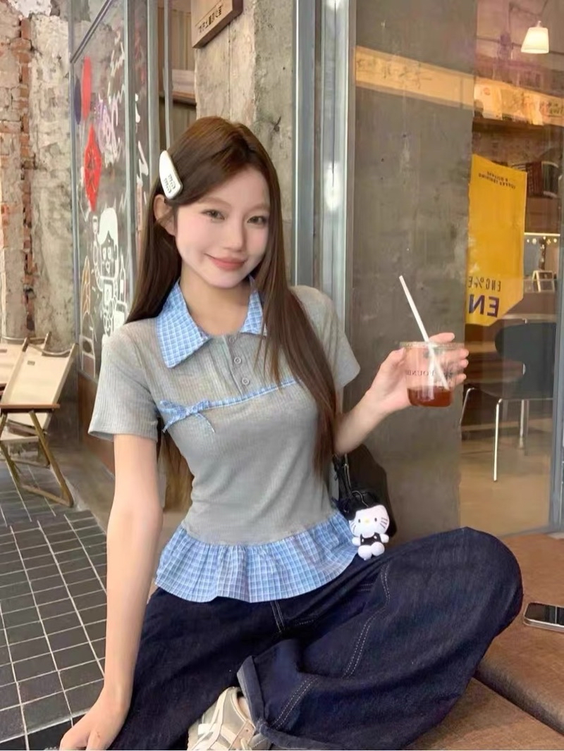 Áo Polo Hai Mảnh Tay Ngắn May Nơ Phong Cách Dễ Thương, Áo Thun Nữ Kẻ Sọc Caro Ngắn Tay Bốn Mùa ...