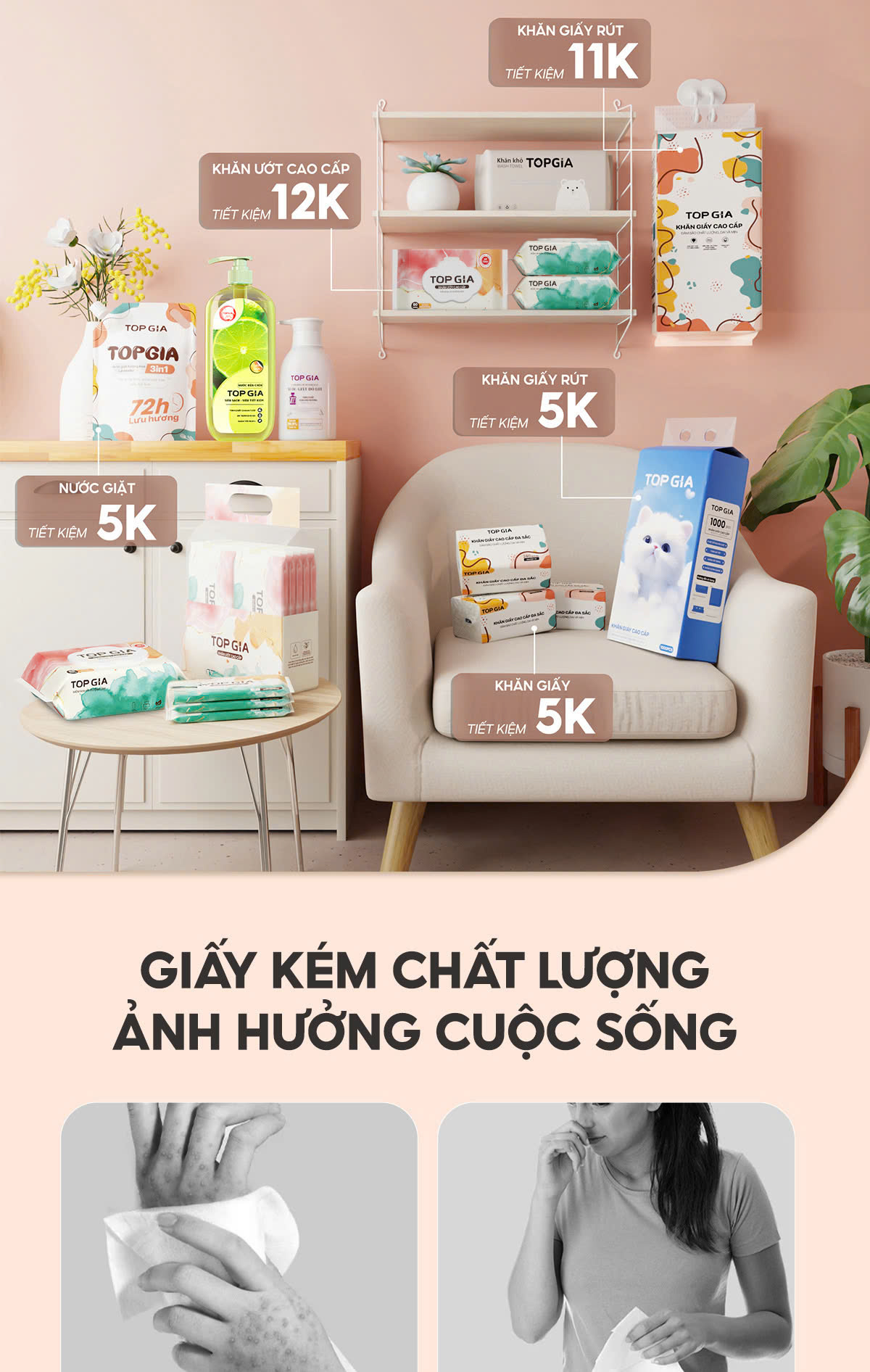 Giấy vệ sinh treo tường TopGia thùng 6 bịch đa sắc treo đa năng từ bột giấy thiên nhiên, 1280tờ ...