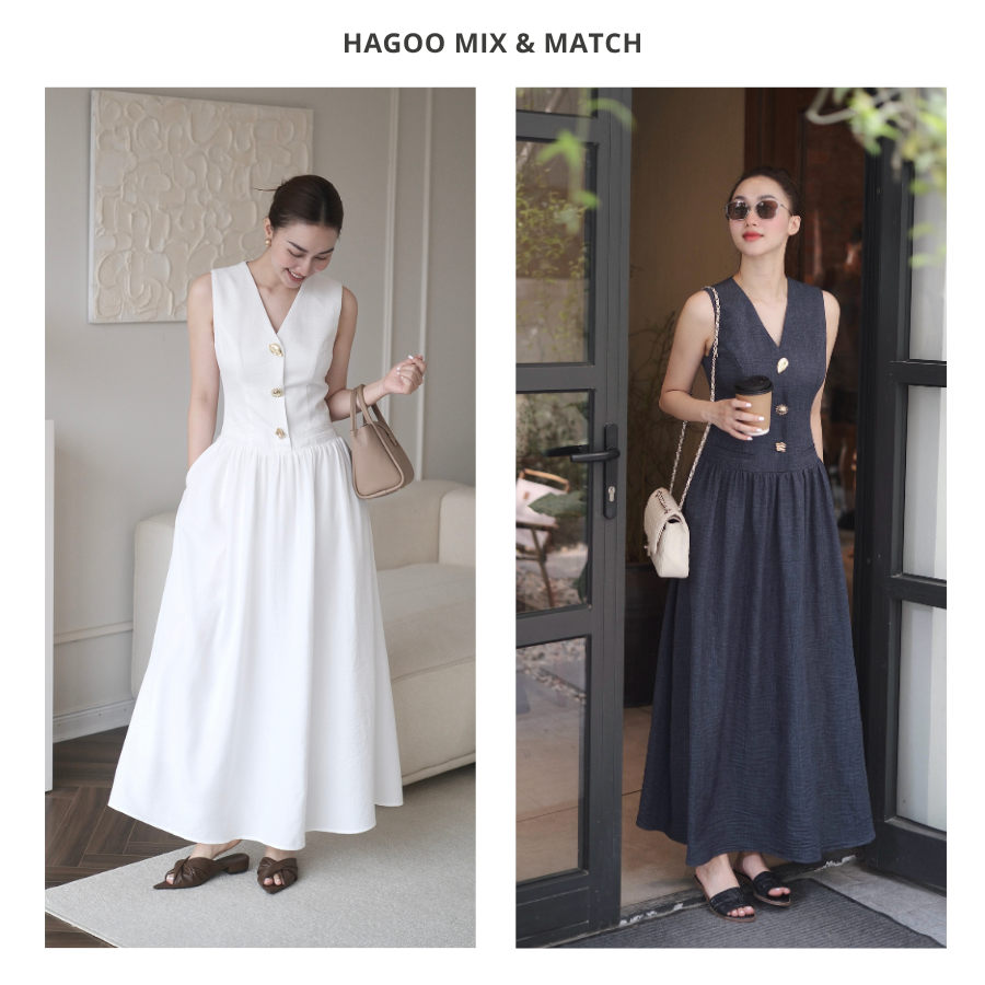 Váy đũi tơ xoè cúc đồng không tay dáng dài HAGOO váy nữ đi biển đi chơi [V649] | Shopee Việt Nam