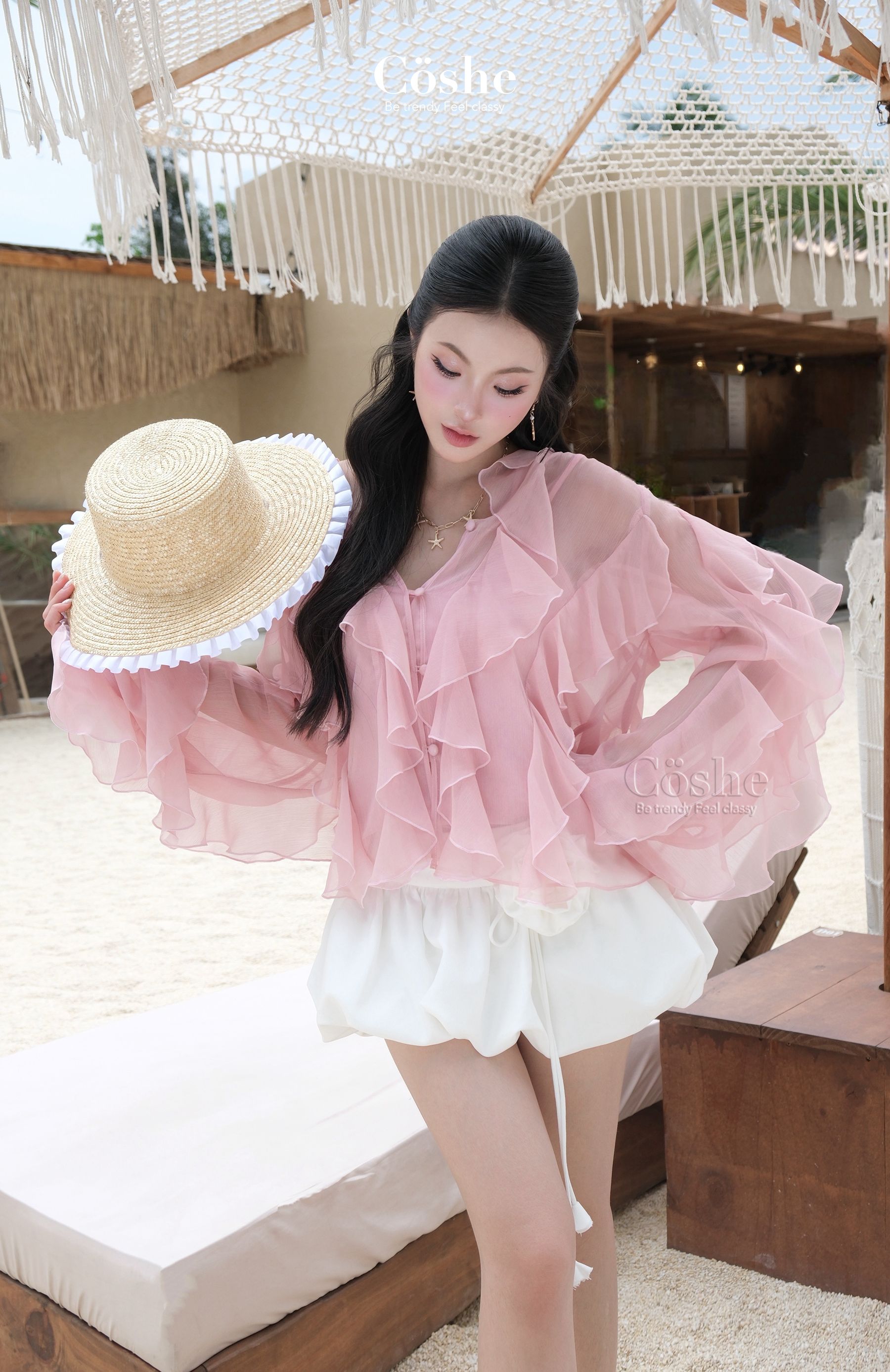 COSHE áo blouse nữ hồng voan bèo tầng, Rolly Top phong cách tiểu thư dịu dàng mặc đi biển, đi cà ...