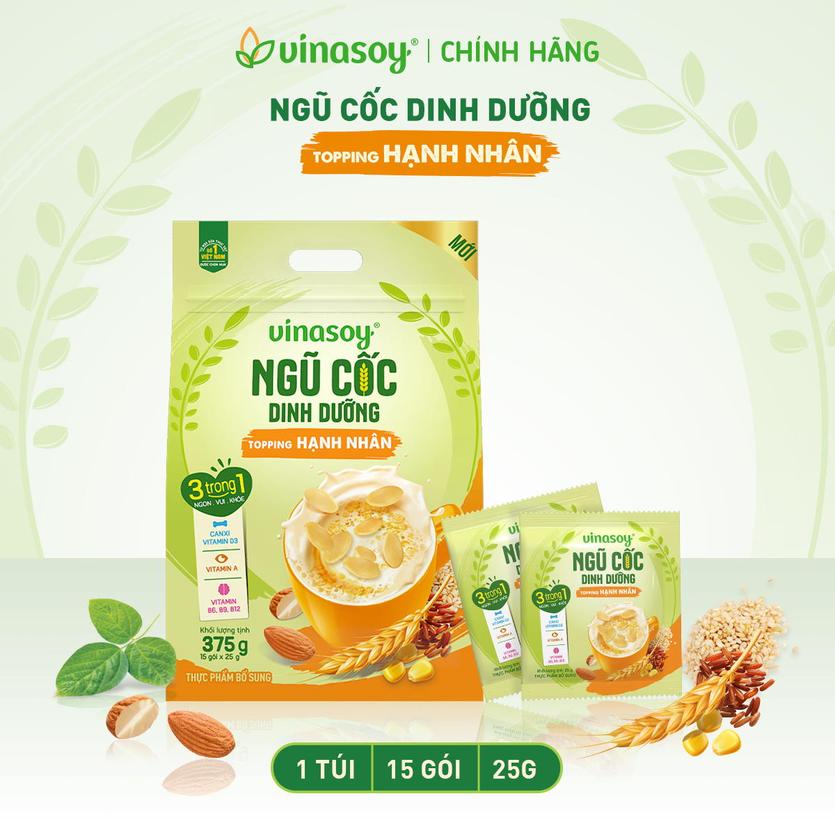 Túi ngũ cốc dinh dưỡng Vinasoy - Topping Hạnh Nhân (15 gói x 25g) | Shopee Việt Nam