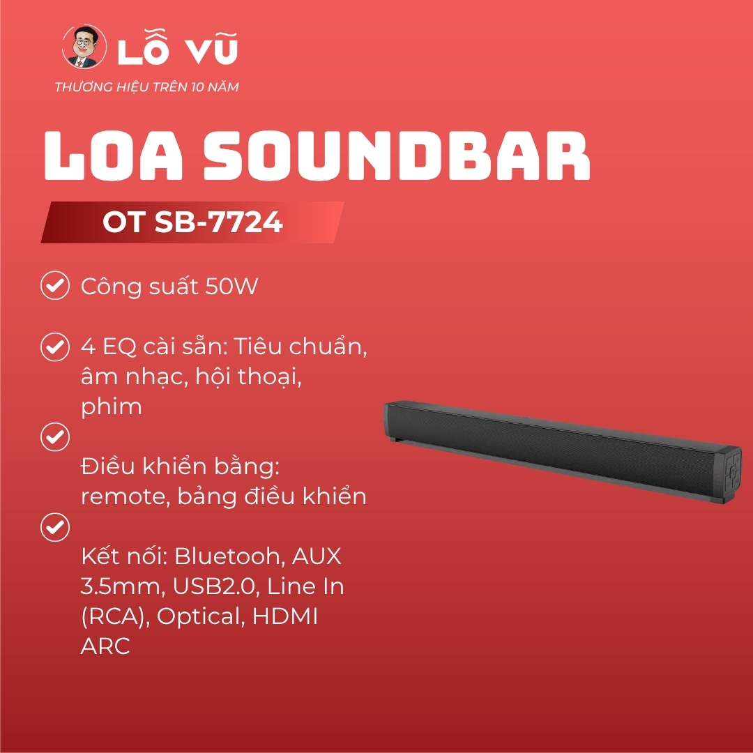 Loa soundbar bluetooth OT SB-7724, Công suất 50W, 6 cách kết nối, 4 EQ ...