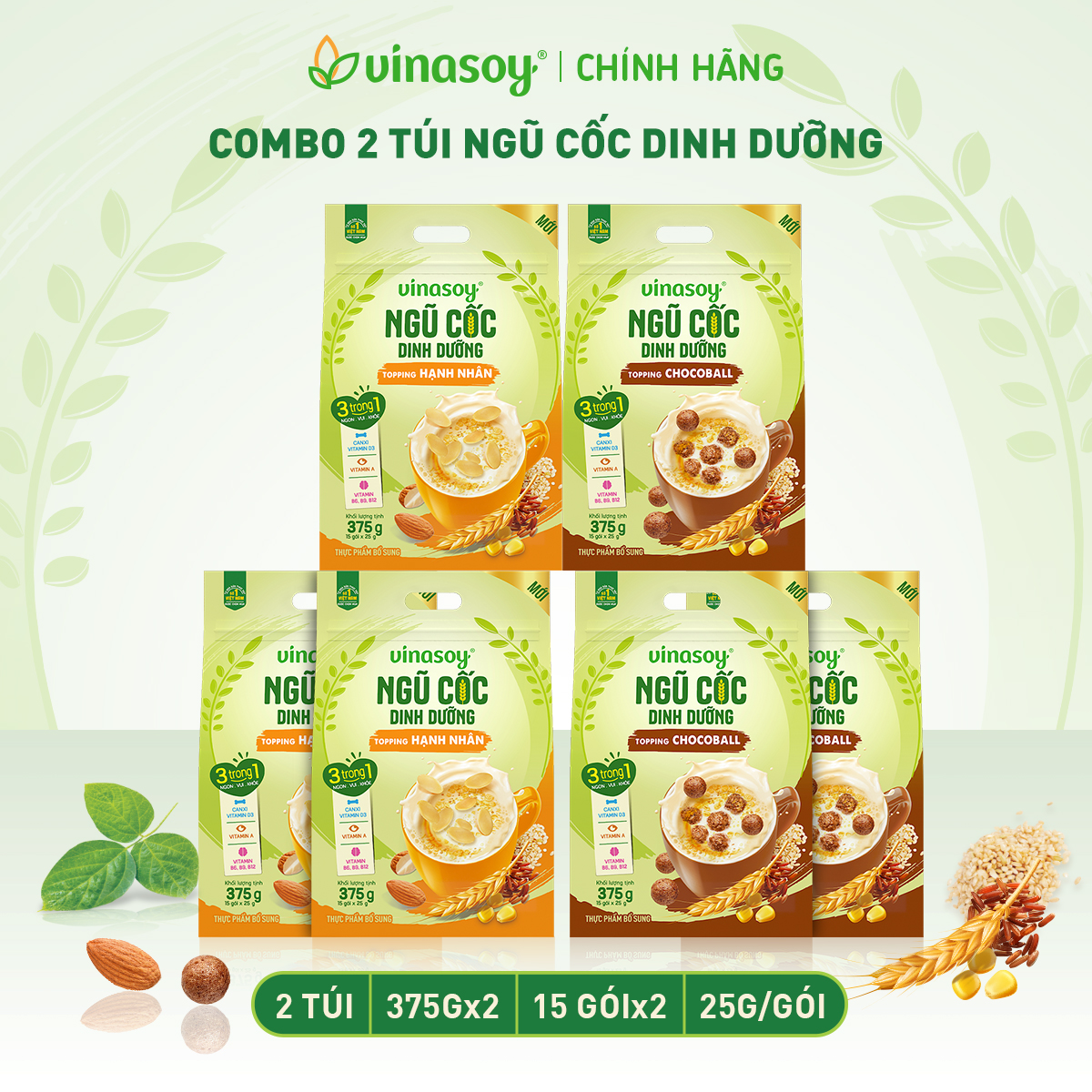 Combo 02 túi ngũ cốc dinh dưỡng Vinasoy Topping Hạnh Nhân/Chocoball (2 túi | 30 gói x 25g ...