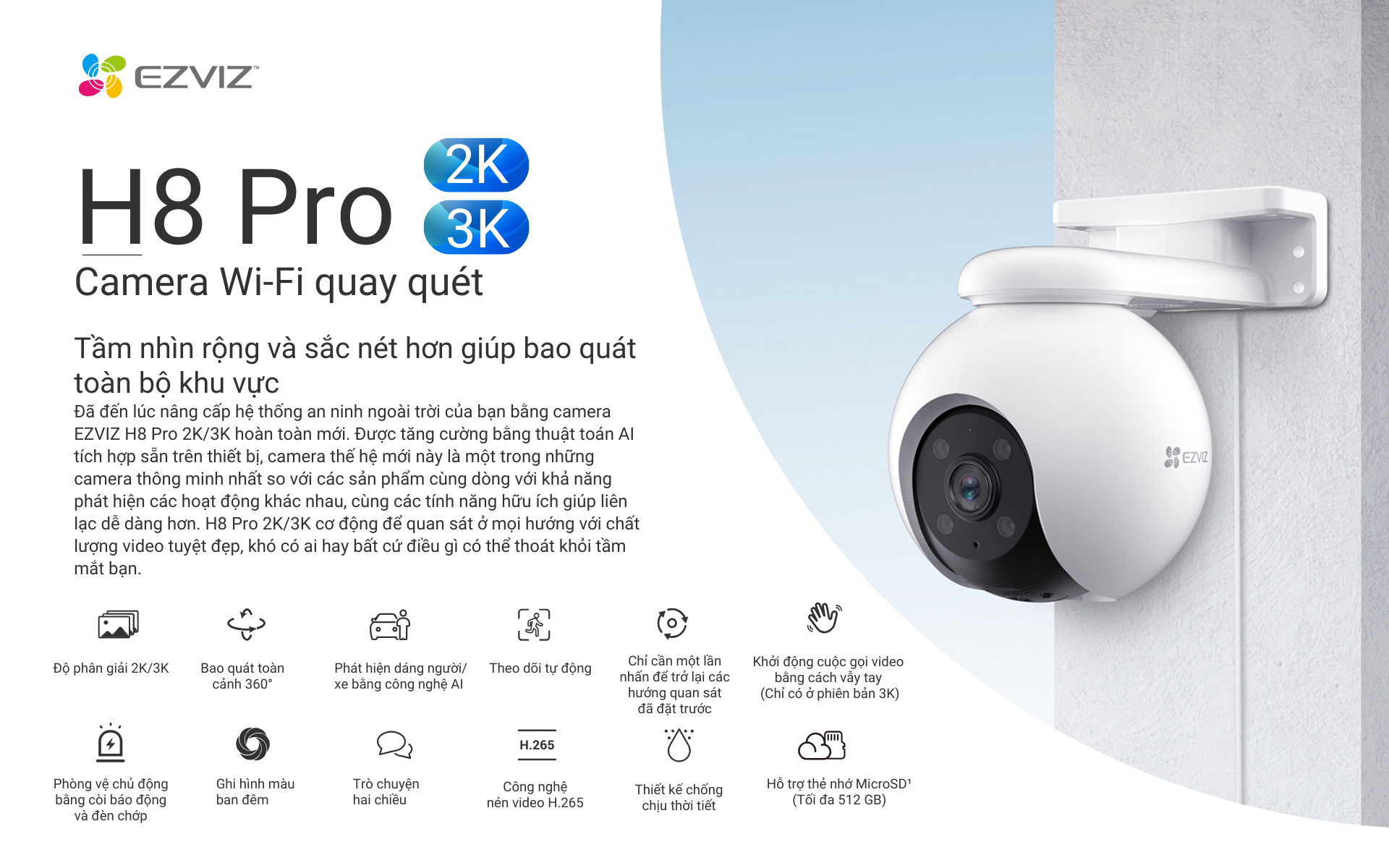 Camera Wi-fi EZVIZ H8 PRO 3MP/ 5MP, Quay Quét 360, Ghi Hình Màu Ban Đêm, Đàm Thoại 2 Chiều ...