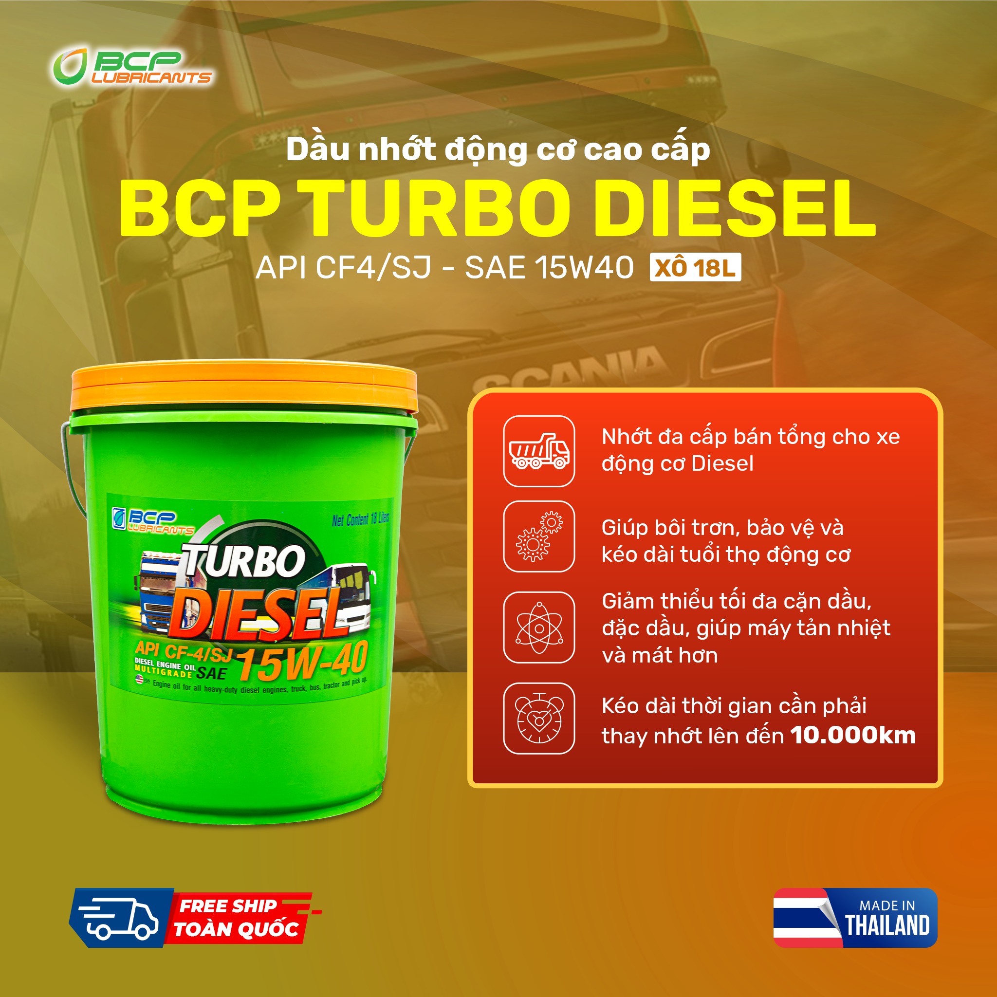 Nhớt động cơ dầu BCP Turbo Diesel CF4/SJ, SAE 15W40, Xô 18L - Tặng 1 ...