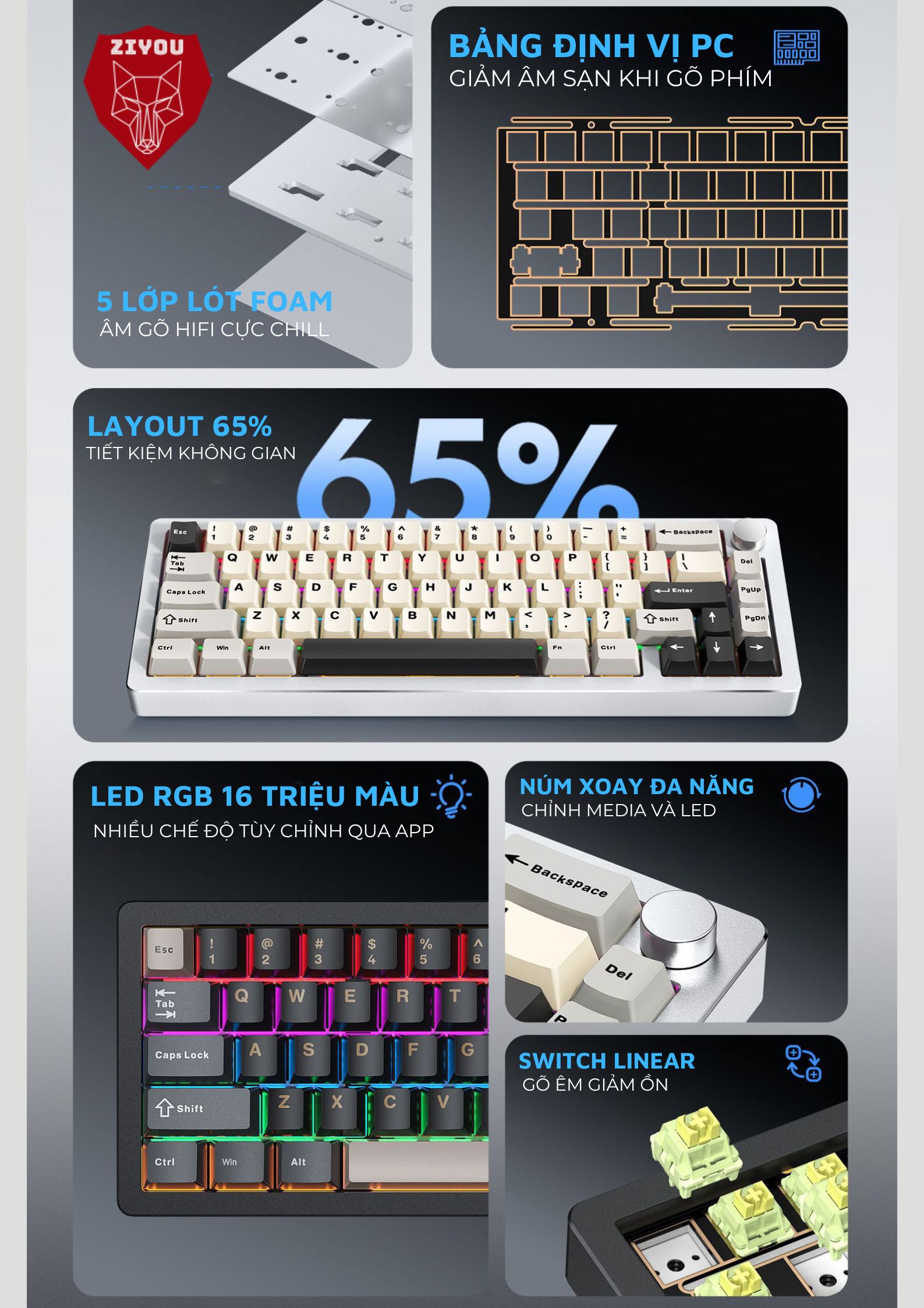 Bàn Phím Cơ Bluetooth Không Dây 3 Mode Ziyou Dark Alien R65 RGB Khung ...