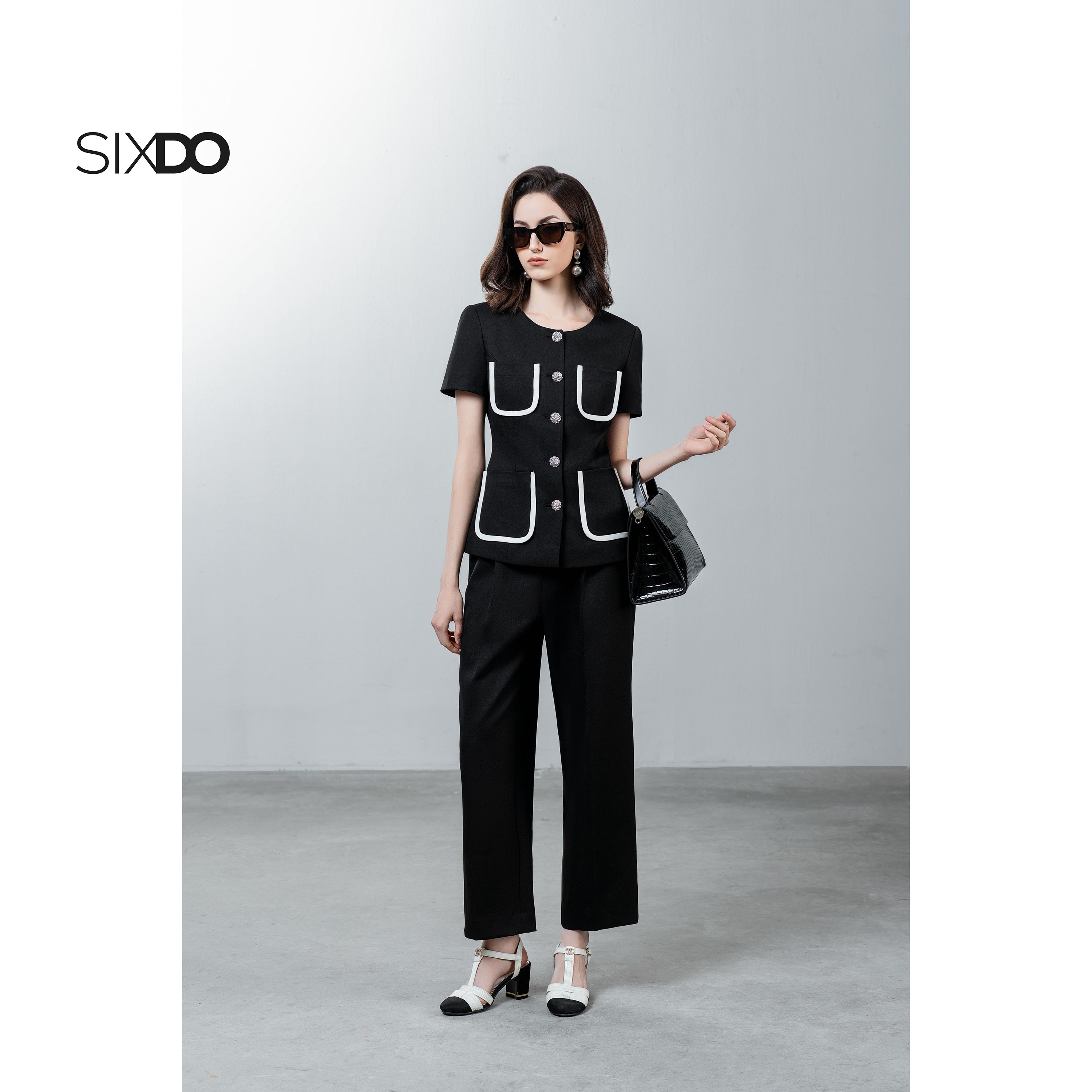 Áo vest đen cổ tròn phối túi SIXDO (Black Short Sleeves Woven Vest ...