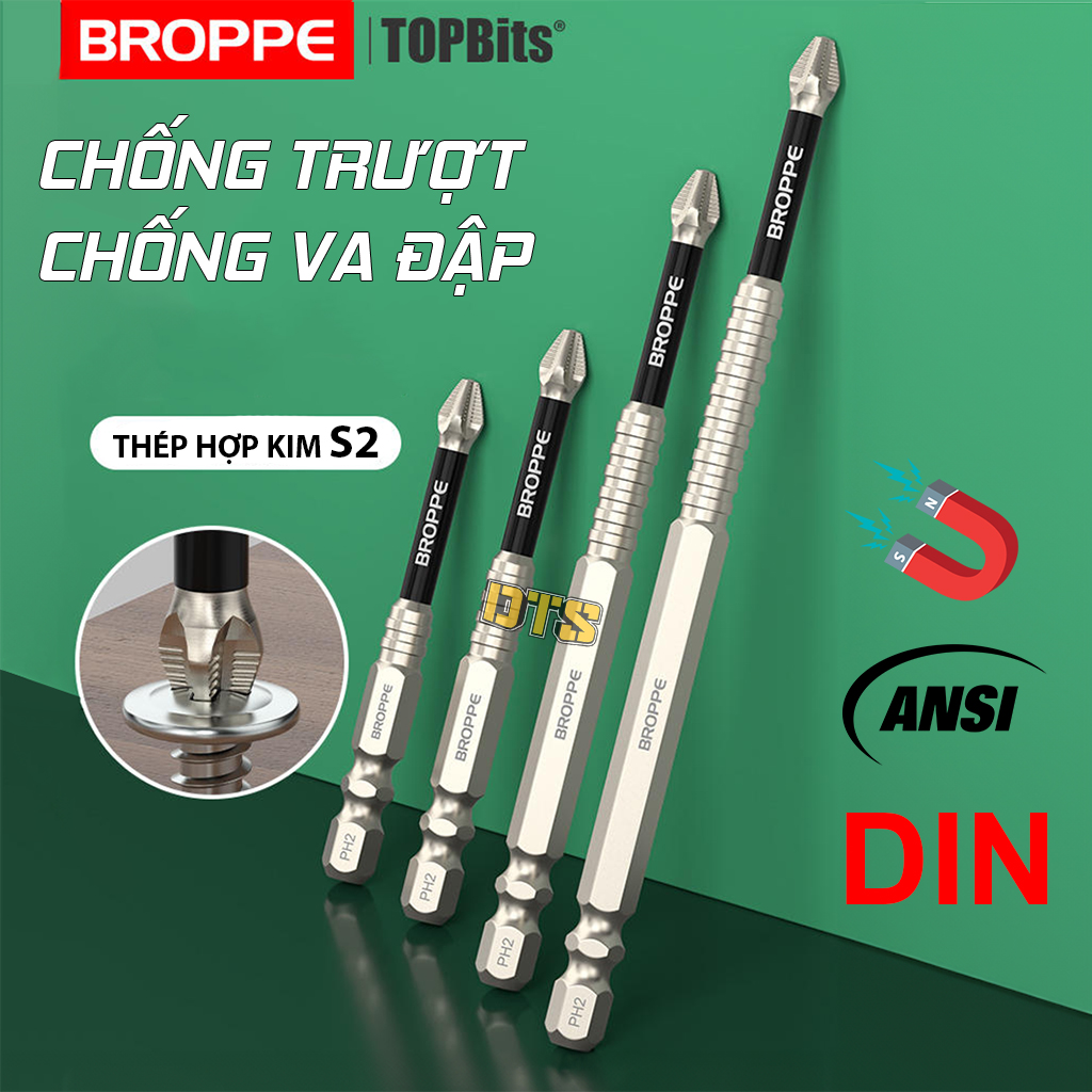 Mũi vít PH2 chống trượt TOPBits hãng BROPPE | Mũi bắn vít 1 đầu PH2 bake chữ thập từ tính, chân ...