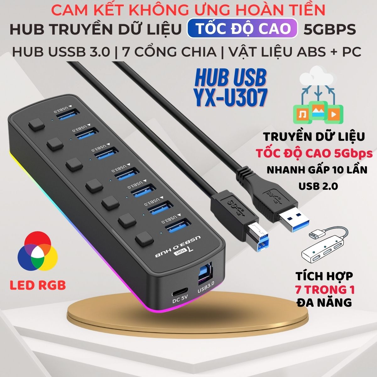 HUB USB 3.0 Bộ 7 Cổng Chia YX-U307 LED RGB, Truyền Dữ Liệu Tốc Độ Cao 5Gbps, Vật Liệu ABS + PC ...