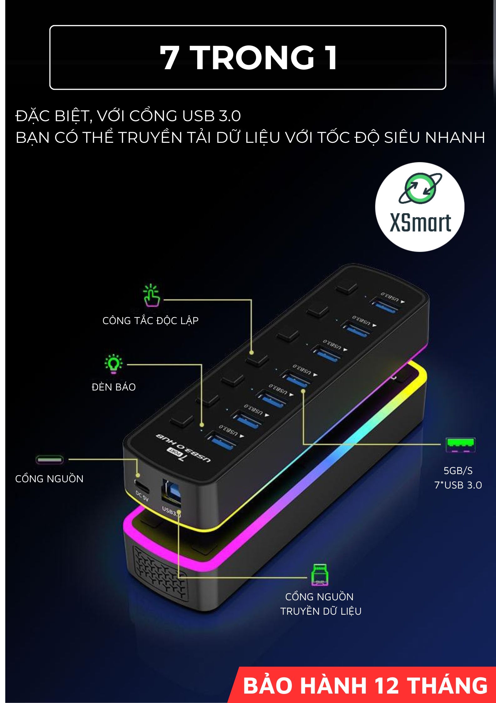 HUB USB 3.0 Bộ 7 Cổng Chia YX-U307 LED RGB, Truyền Dữ Liệu Tốc Độ Cao 5Gbps, Vật Liệu ABS + PC ...